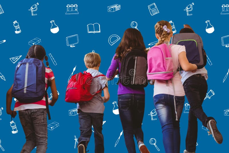 Composite Image Of School Kids Running In School Corridor Stock Photo ...