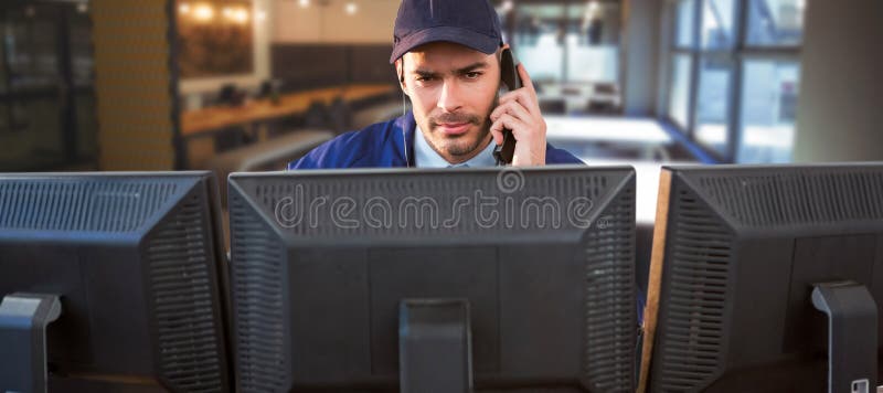 Composite Image of Security Officer Talking on Phone while Using ...