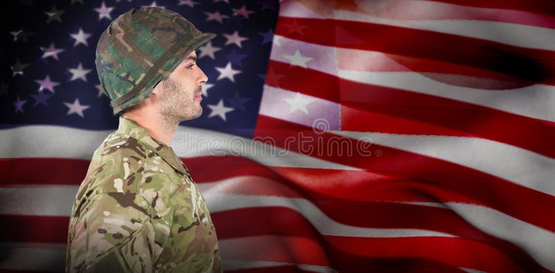 Composite Image of Side View of Confident Soldier in Uniform Standing ...