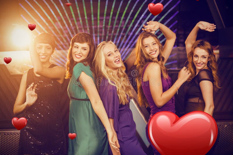 Composite Image of Smiling Friends Dancing on Dance Floor Stock Photo ...