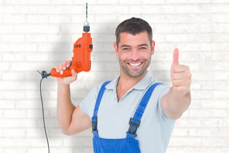 Composite Image of Smiling Repairman with Drill Machine Gesturing ...