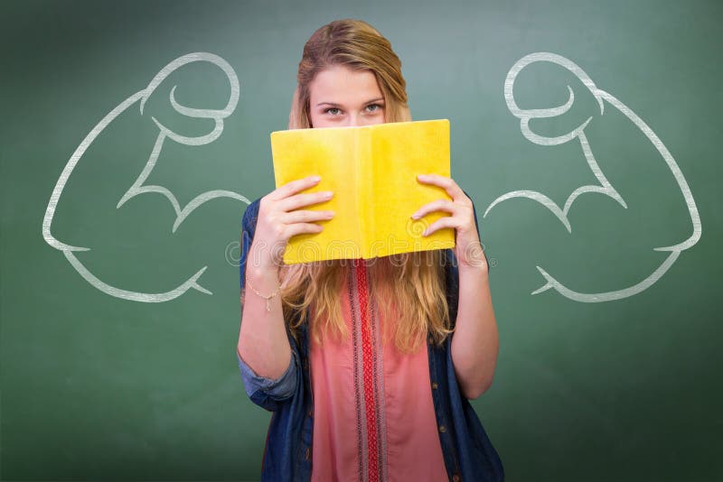 Composite Image of Student Covering Face with Book in Library Stock ...
