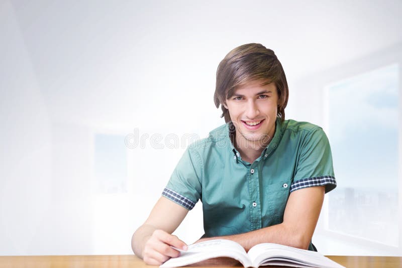 Composite Image of Student Sitting in Library Reading Stock Image ...