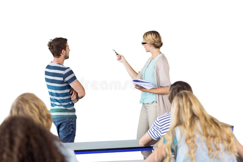 Teacher Pointing Students with Raised Hands in Classroom Stock Image ...
