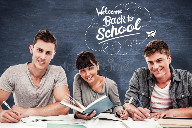 Composite Image of Students Doing Work Together As they All Look into ...