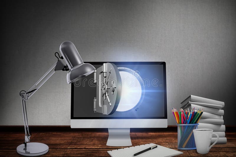 Composite Image of Table Lamp by Computer and Books Stock Illustration ...
