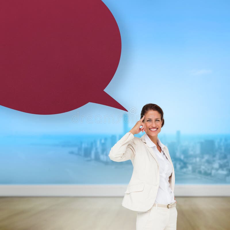 Composite Image Of Thinking Businesswoman With Speech Bubble Stock Image Image Of Urban Speak
