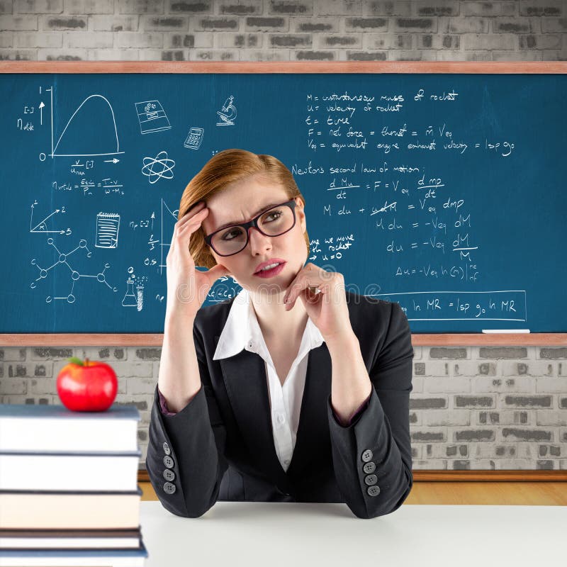 Composite Image of Thinking Redhead Teacher Stock Photo - Image of pile ...