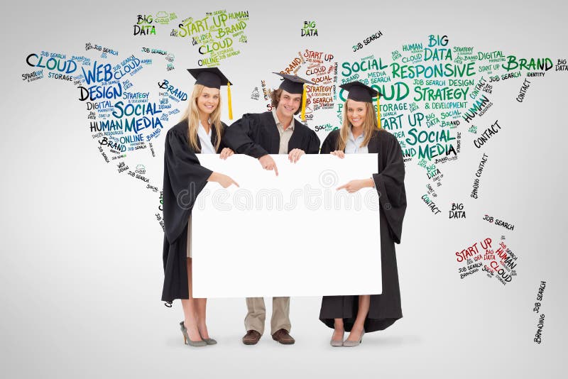 Composite Image of Three Students in Graduate Robe Holding and Pointing ...