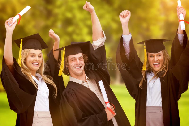 Composite Image of Three Students in Graduate Robe Raising Their Arms ...