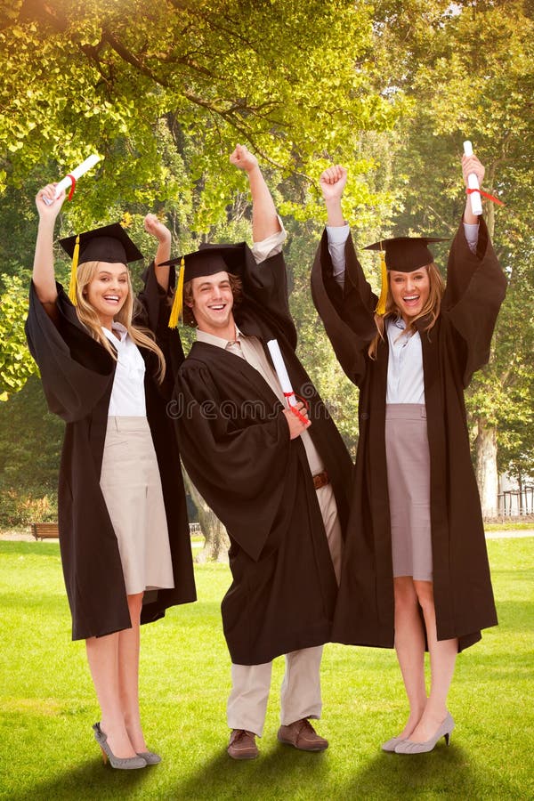Composite Image of Three Students in Graduate Robe Raising Their Arms ...