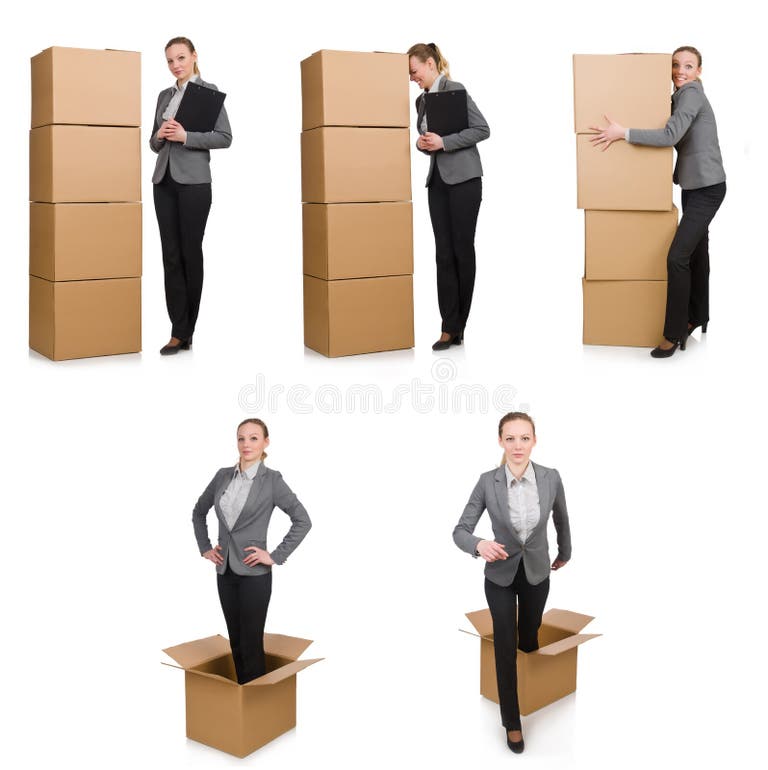 The Composite Image of Woman with Boxes on White Stock Photo - Image of ...