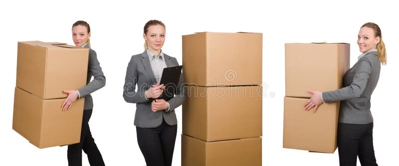 The Composite Image of Woman with Boxes on White Stock Photo - Image of ...