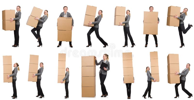 The Composite Image of Woman with Boxes on White Stock Image - Image of ...