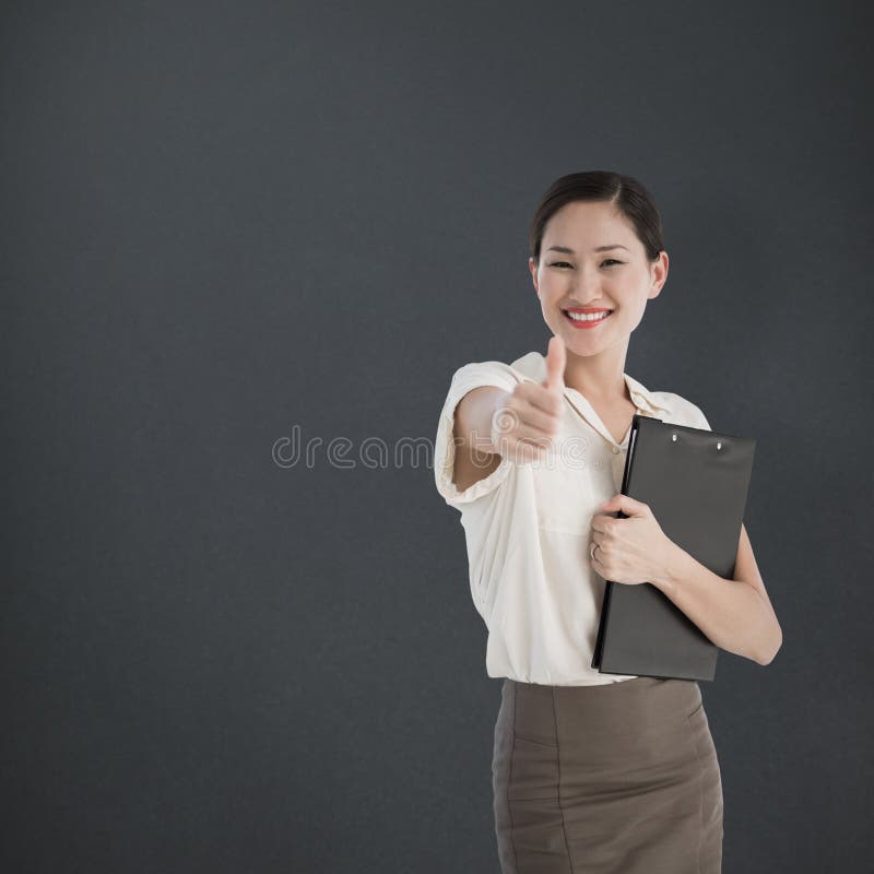 Composite Image of Woman Gesturing Thumbs Up with People Waiting for ...