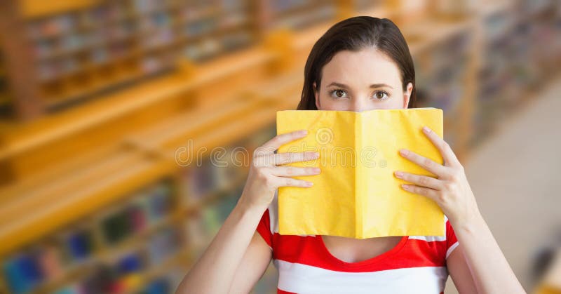 Composite Image of Woman Looking Over Book Stock Photo - Image of ...