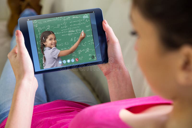 Composite Image of Woman Using Tablet at Home Stock Photo - Image of ...