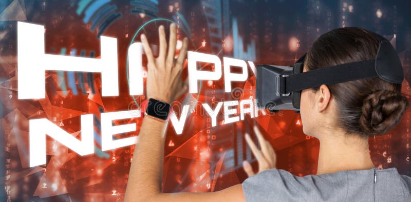 Composite Image of Woman Using Virtual Video Glasses while Gesturing on ...