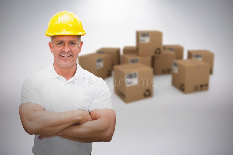 Composite Image of Worker Wearing Hard Hat in Warehouse Stock Photo ...