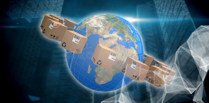 Composite Image of World Map Amidst Cardboard Boxes Stock Illustration ...