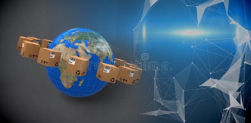 Composite Image of World Map Amidst Cardboard Boxes Stock Illustration ...