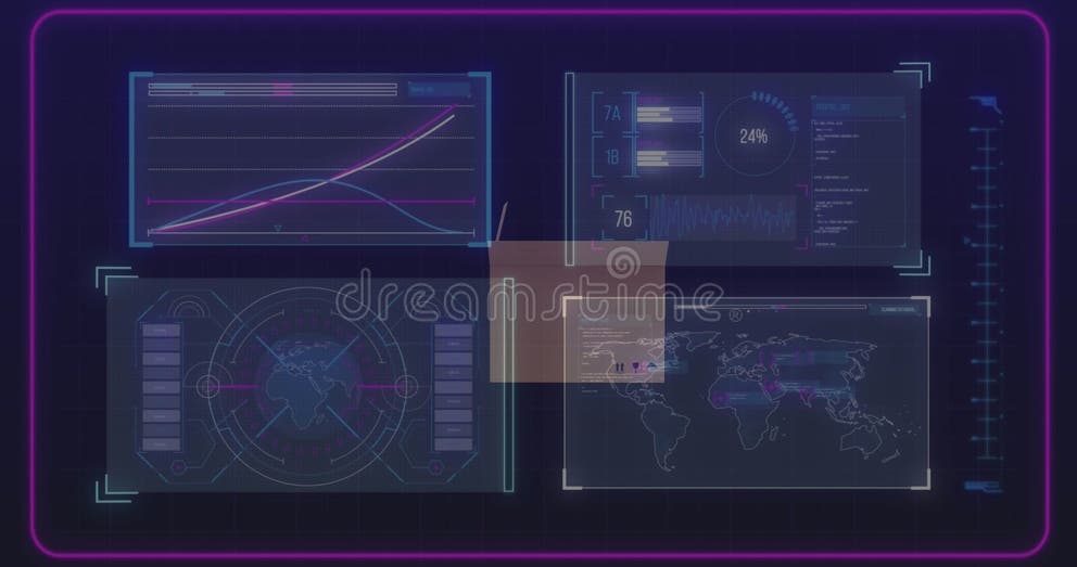 Composite of Interface Screens with Graphs, Map, Loading Circle, Database and Globe Stock ...