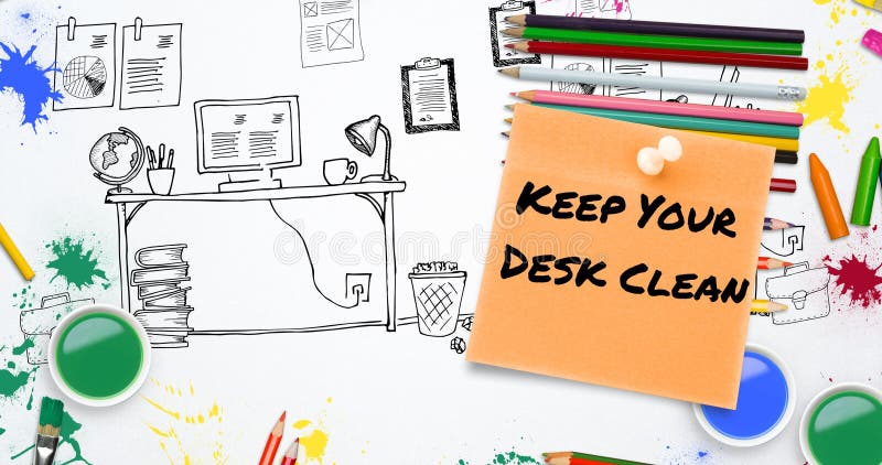 Composite of Keep Your Desk Clean Text on Sticky Note Over Pencil and ...
