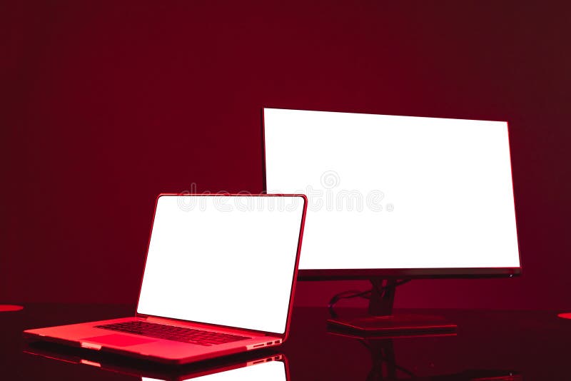 Composite of Laptop and Computer with Copy Space on Neon Background ...