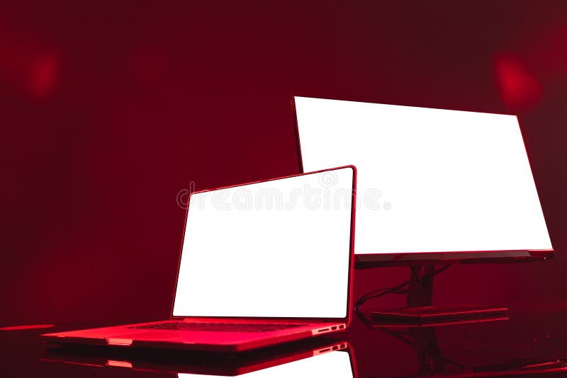 Composite of Laptop and Computer with Copy Space on Neon Background ...