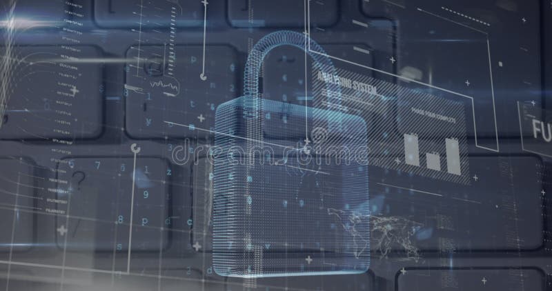 Composite of Padlock with Multiple Text, Bar Graph and Maps Over ...