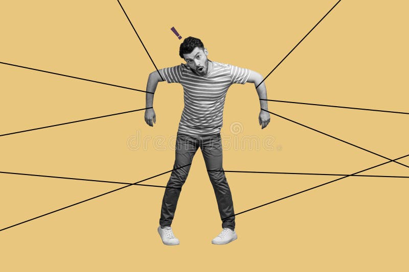 Composite Photo Collage of Astonished Man Hang Rope String Trap Problem ...