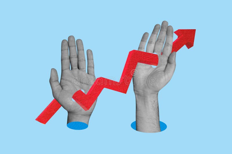 Composite Photo Collage of Business People Hands Raise Hands Arrow ...