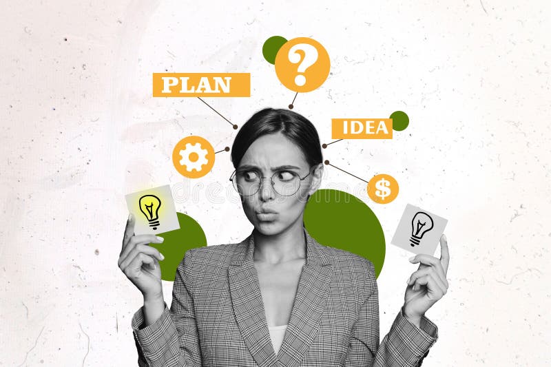 Composite Photo Collage of Doubtful Girl Choose Light Bulb Plan Idea ...
