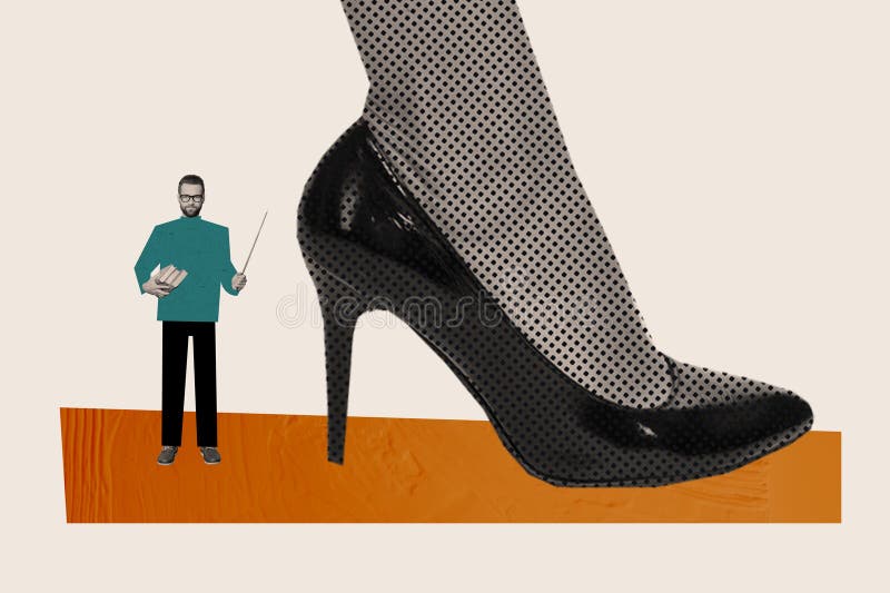 Composite Photo Collage of Huge Female Leg Heels Boss Tiny Man Stand ...