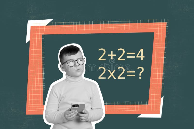 Composite Photo Collage of Minded Schoolboy Hold Phone Count Math ...