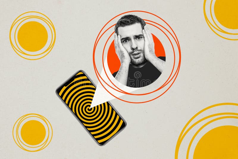 Composite Photo Collage of Scared Panic Man Hold Face Iphone Screen ...