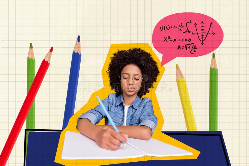 Composite Photo Collage of Serious American Girl Do Homework Lesson ...