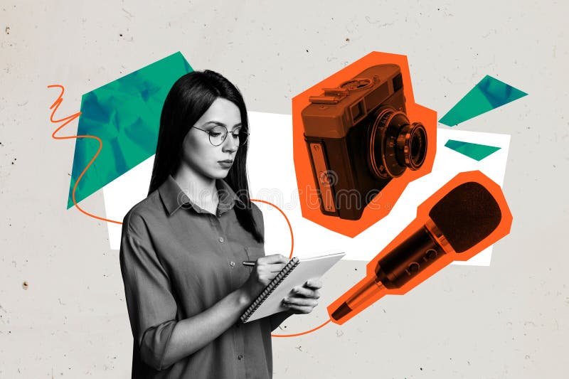 Composite Photo Collage of Serious Girl Journalist Write Notebook Notes ...