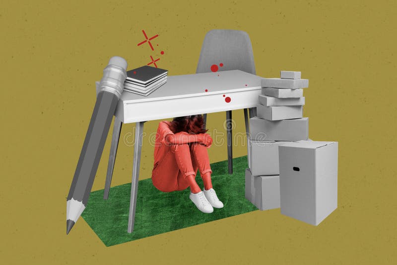 Composite Photo Collage of Stress Upset Girl Sit Work Table Pile Boxes ...
