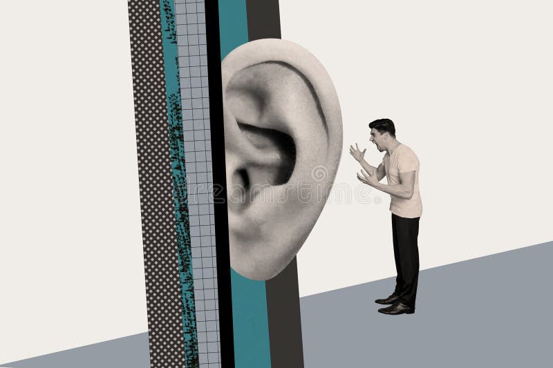Composite Photo Collage of Young Irritated Man Scream Huge Ear Deaf ...