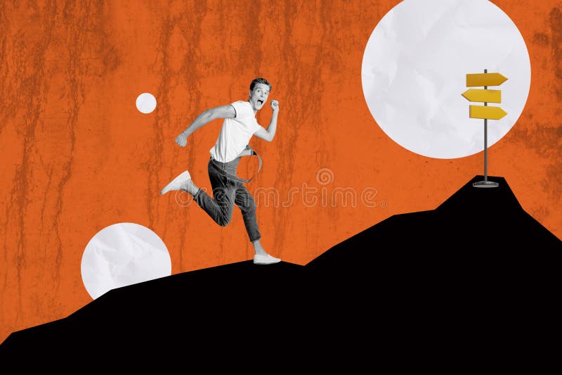 Composite Photo Collage of Young Scared Guy Run Look Back Mountain ...