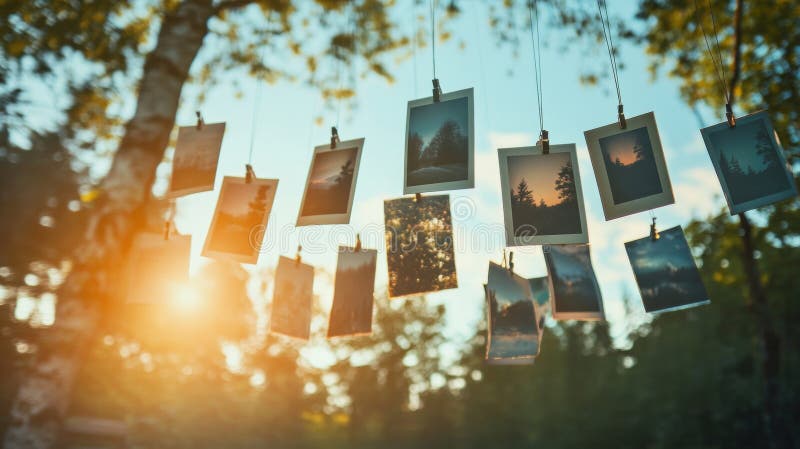 Composite of Photos Hanging Against a Clear Sky Background Stock ...