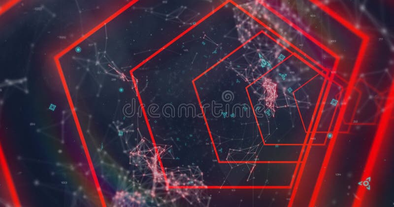 Composite of Red Neon Hexagon Tunnel Over Pink Network of Connections ...