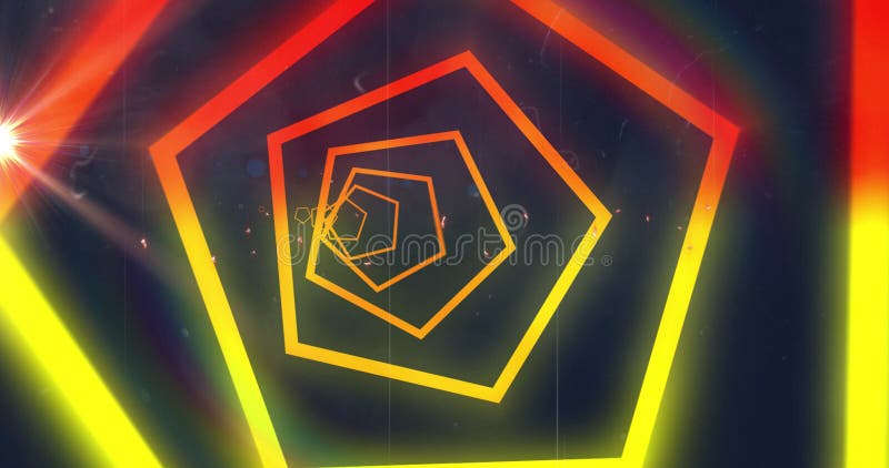 Composite of Red and Yellow Neon Hexagon Tunnel Over Glowing Lights ...