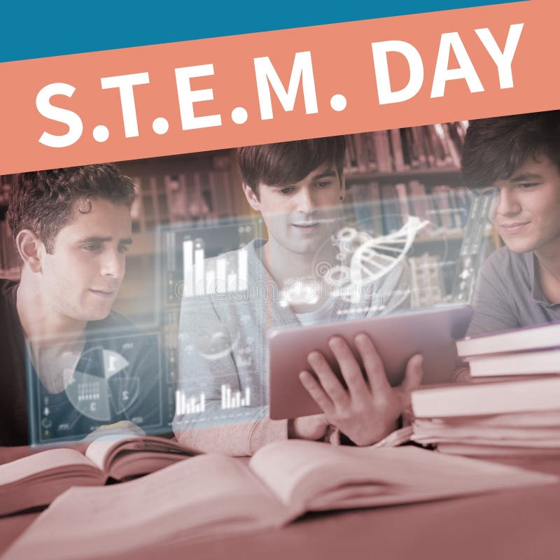 Composite of Stem Day Text and Caucasian Teen Boys Using Tablet with ...