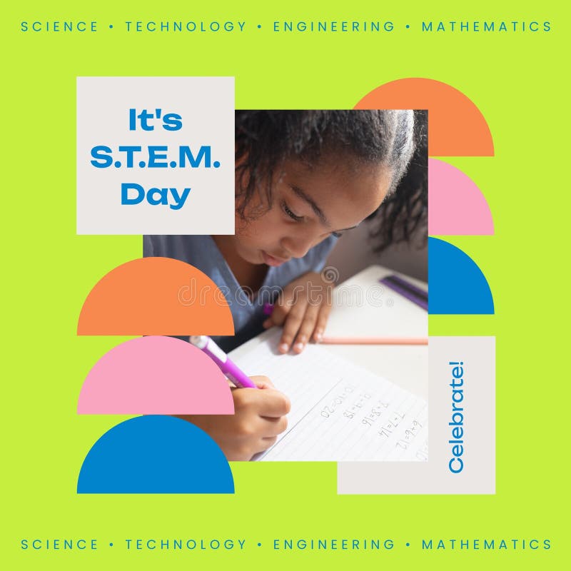 Composite of Stem Text Over Biracial Schoolgirl Writing on Green ...