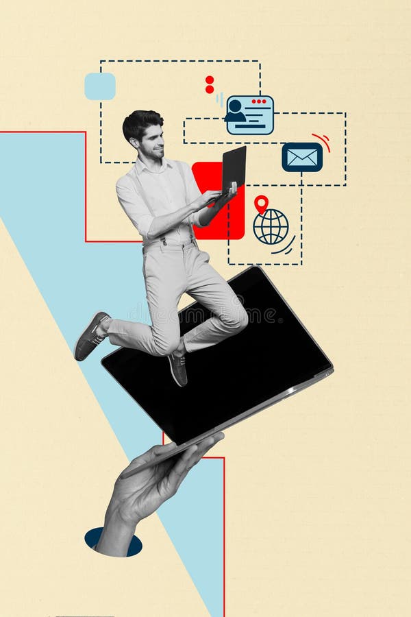 Composite Trend Artwork Sketch Image Collage of Cyberspace Webpage Interface Icon Young Guy Jump ...