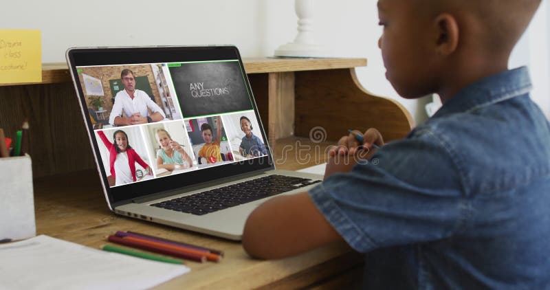 Composite Video of Boy Using Laptop, in Online Lesson, Diverse Teacher ...