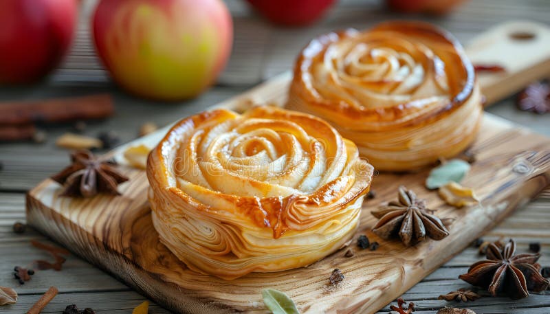 Composition with Apple Roses from Puff Pastry on Wooden Table Stock ...