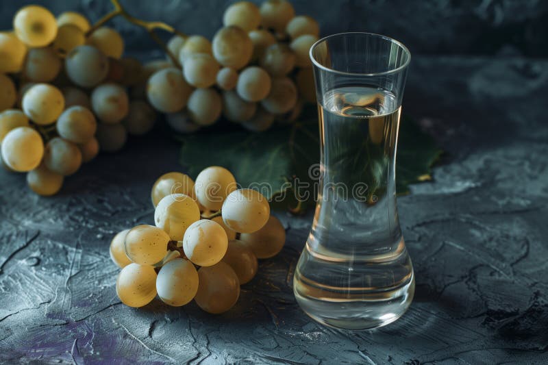 Elegant Composition of Grappa in a Glass with Grape Bunches on a ...
